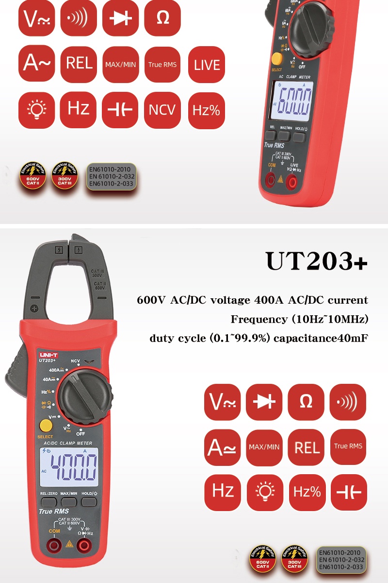 UNI-T Ready StockUNI-T Digital Clamp Meter UT201+/UT202+/UT203+/UT204 Plus DC AC Current Auto ...