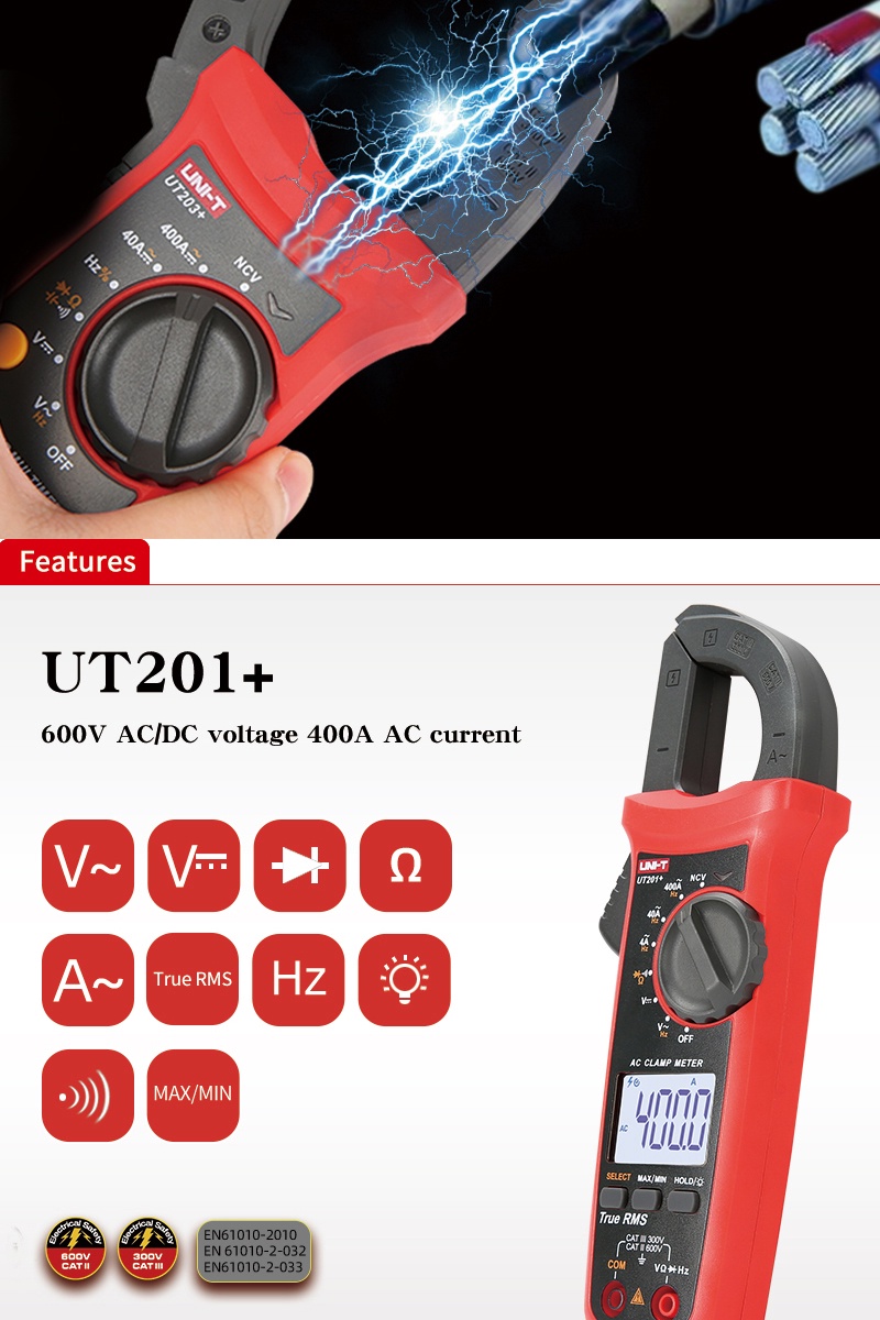 UNI-T Ready StockUNI-T Digital Clamp Meter UT201+/UT202+/UT203+/UT204 Plus DC AC Current Auto ...