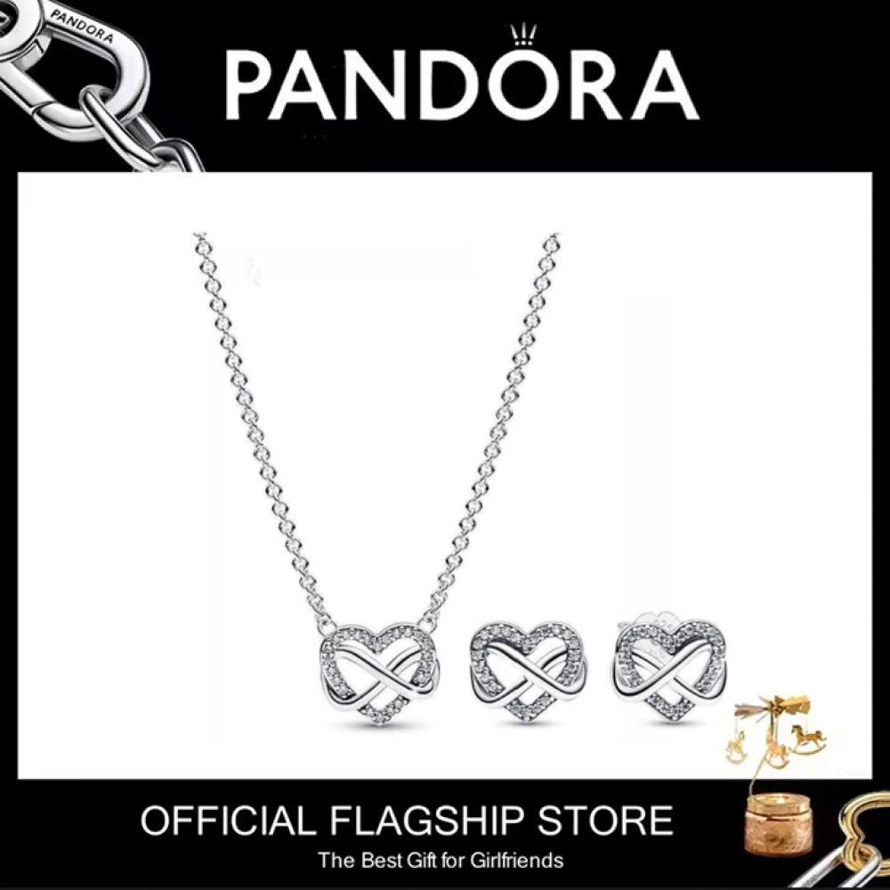100% Original Pandora S925 Female Shining Eternal Union Collar Chain Necklace/Earrings Set ...