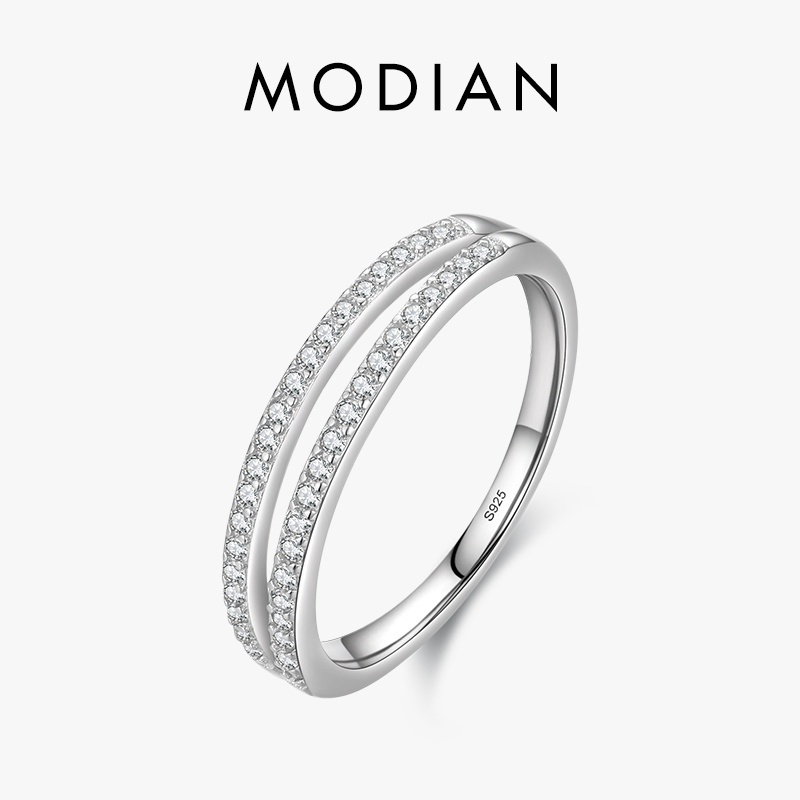 Modian แหวนเงินแท้ 100% 925 ทรงกลมคู่ เรียบง่าย ใส CZ แวววาว ...