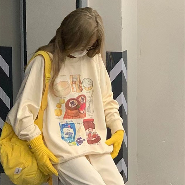 เสื้อกันหนาวแขนยาว คอกลม แบบนิ่ม ทรงหลวม ลายเค้กครีมน่ารัก พลัสไซซ์ ...