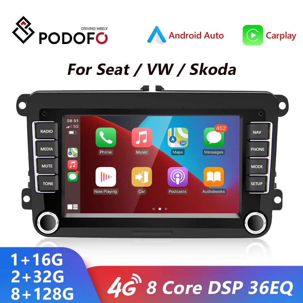 Podofo 2 Din Android Car Radio GPS 4G DSP Carplay For VW/Volkswagen ...