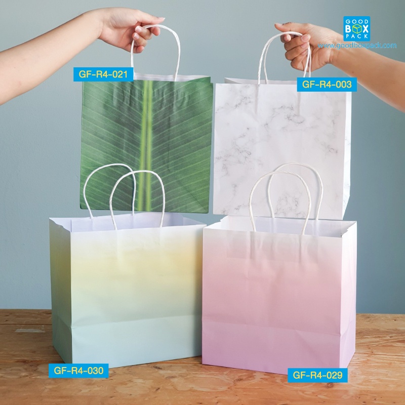 Goodboxpack (25ใบ/แพ็ค)ถุงกระดาษขาว,คราฟท์/ถุงหูหิ้ว ก้นกว้าง ไซส์ M พิมพ์ลาย ขนาดกว้าง 15 x ยาว ...