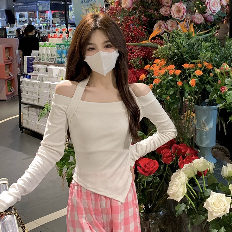 【WANG JIAO ZHAN】 เสื้อยืดคอกลมแขนยาวไหล่เดียว【6869】 | Shopee Thailand