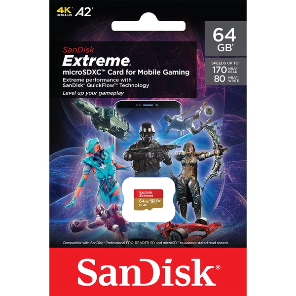 SanDisk Extreme microSDXC Mobile Gaming SKU , SQXAH 64GB, V30, U3, C10, A2, UHS-I ME6-000976 ...