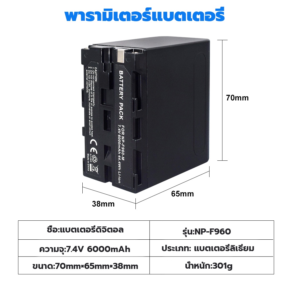 แบตเตอรี่ NP-F960 6000mAh มีไฟบอกสถานะแบต Battery Type-C Input/USB Output สำหรับกล้อง SONY F970 ...