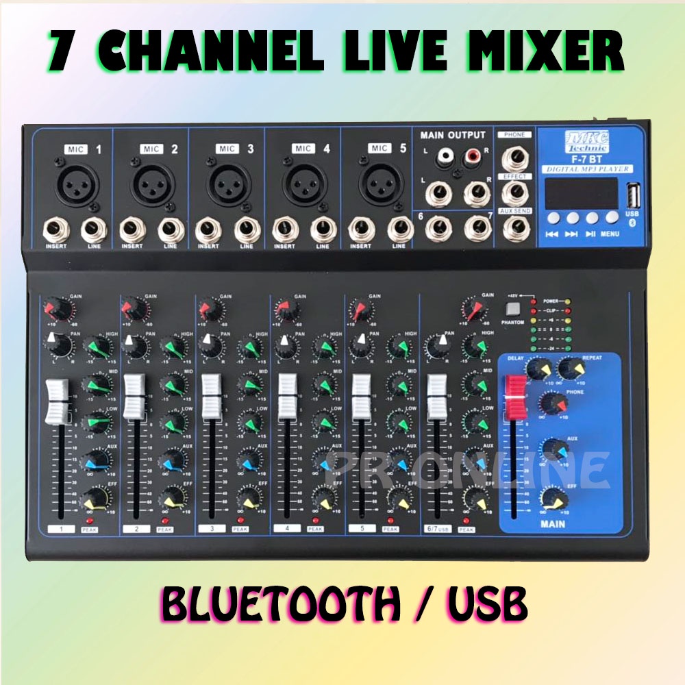 มิกเซอร์ MIXER 7 CHANNEL เครื่องผสมสัญญาณเสียง มีบลูทูธ BLUETOOTH USB ...