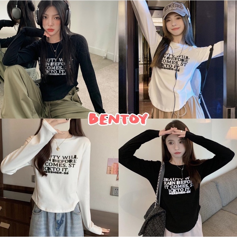 Bentoy(M2905)เสื้อยืดไหมพรม แขนยาว คอกลม ลายอังกฤษหน้าอก | Shopee Thailand