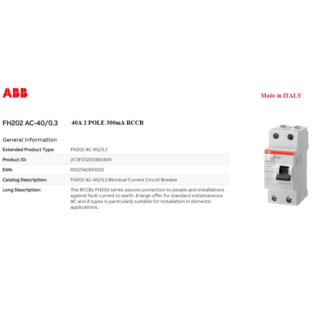 ABB FH202 40A 63A 2P 300mA ELCB RCCB ผลิตในอิตาลี | Shopee Thailand