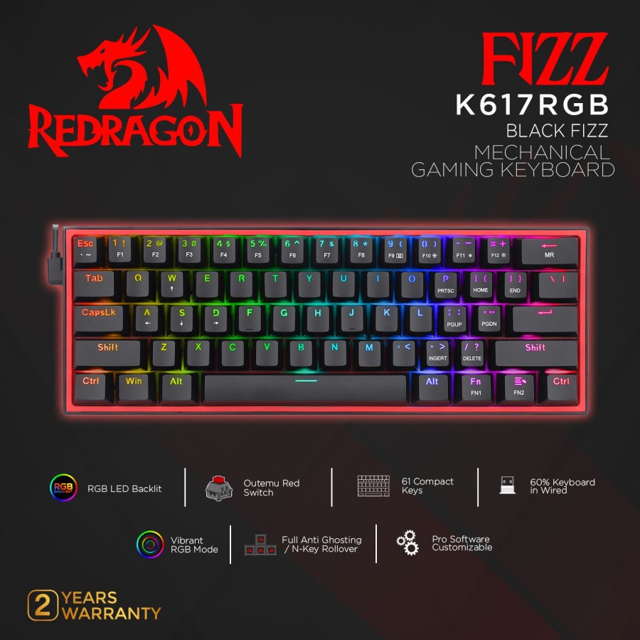 Redragon K617 / K617 FIZZ / K617RGB / K617 RGB BLACK 60% คีย์บอร์ดเกมกล ...