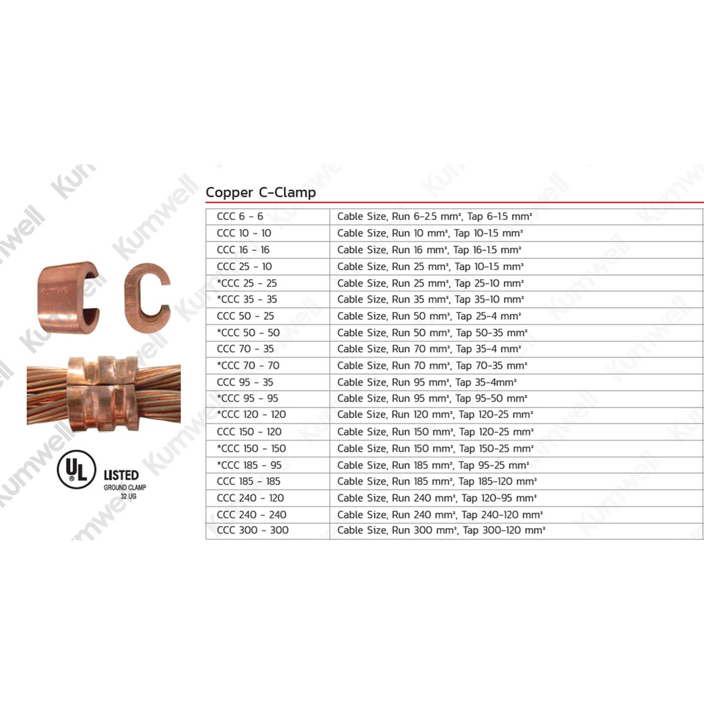 "KUMWELL" CCC 70-70 COPPER C-CLAMP CABLE SIZE, RUN 70 SQ.MM, TAP 70-35 ...