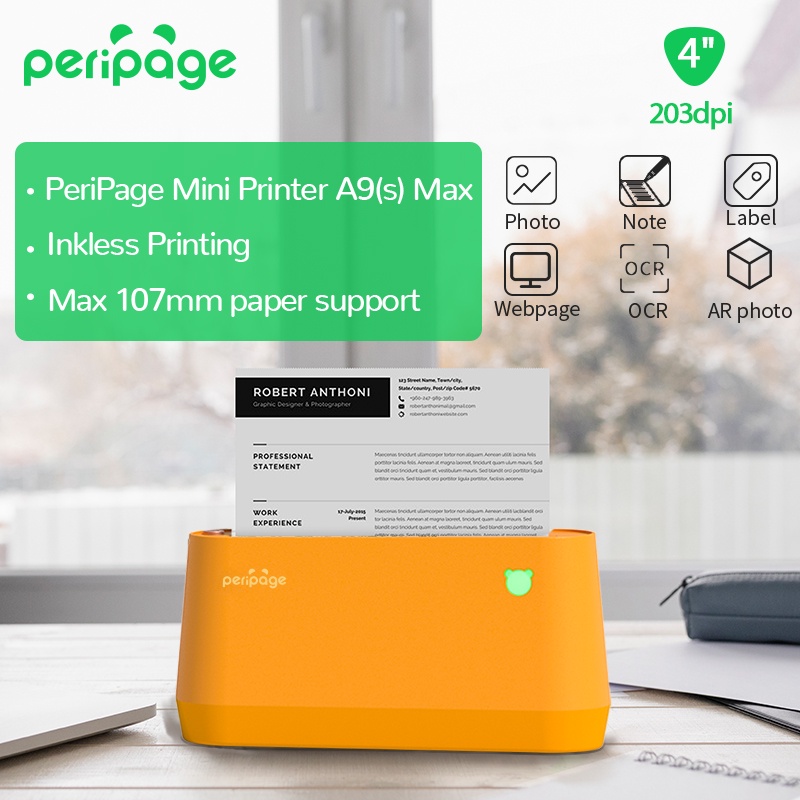 Peripage A9max /A9sMax ปริ้นเตอร์ไร้หมึกPeripage เครื่องปริ้นพกพา Shopee A9S MAX สีส้ม | Shopee ...