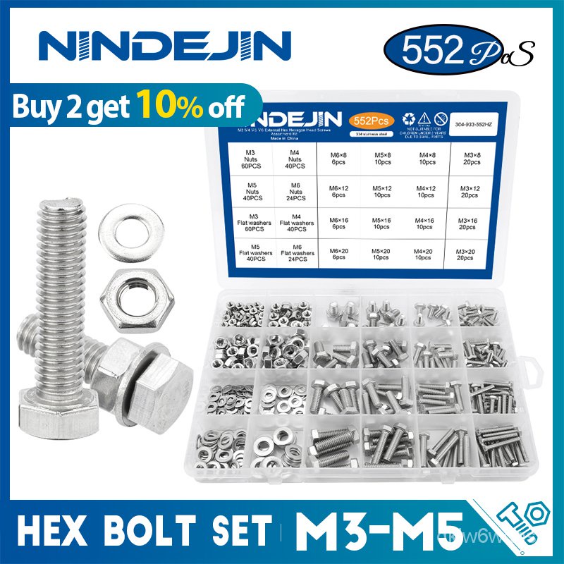 552pcs/set External Hex Bolt Set with Nuts Stainless Steel m3 m4 m5 m6 ...