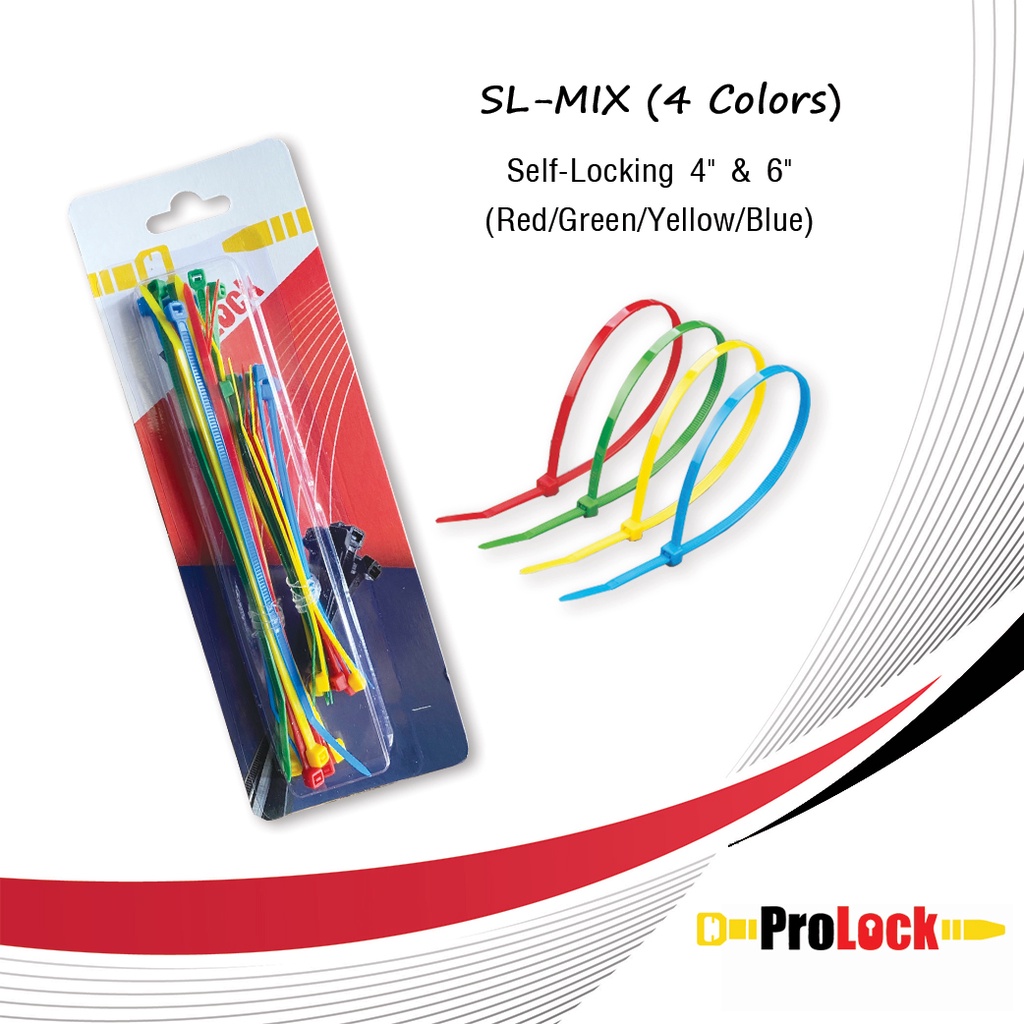 ProLock เคเบิ้ลไทร์มาตรฐานแบบแพ็ค คละรวมสี 4 นิ้ว และ 6 นิ้ว (สีแดง, สีเหลือง, สีเขียว, และสีฟ้า ...