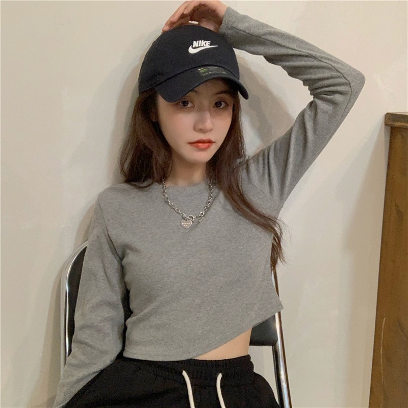 【WANG JIAO ZHAN】 เสื้อยืดแขนยาว เข้ารูป โชว์สะดือ สไตล์เกาหลี【6858 ...