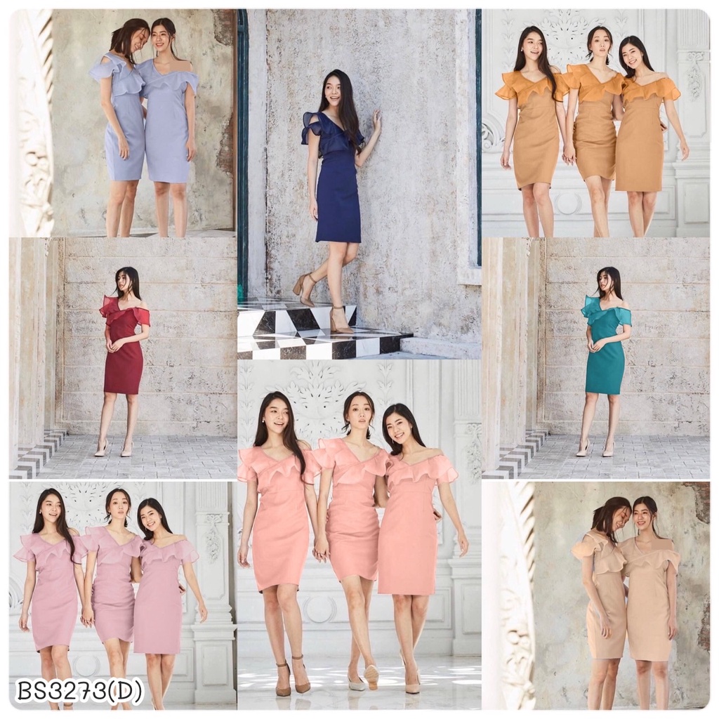 BS3273 เดรสออกงาน เพื่อนเจ้าสาว ผ้าซาร่าเนื้อเงา | Shopee Thailand
