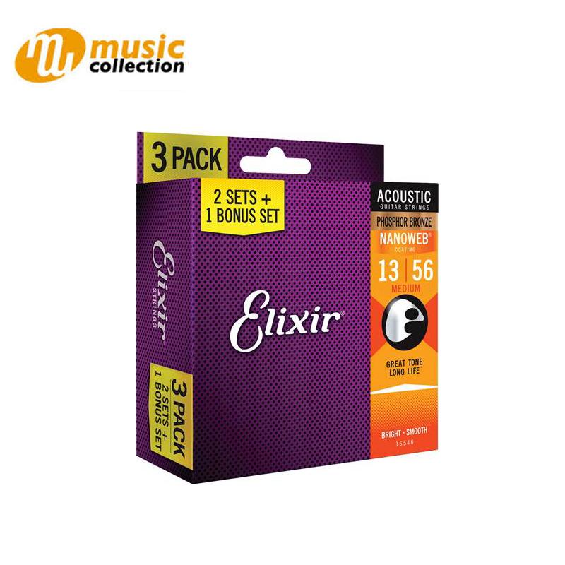 สายกีตาร์โปร่ง ELIXIR Acoustic Phosphor Bronze Nanoweb (Medium .013) Bonus Pack 3 Sets #16546 ...