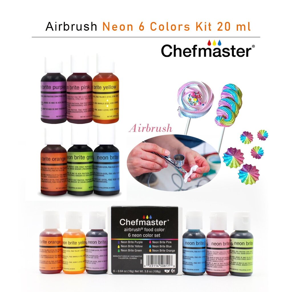 สีแอร์บรัช สีผสมอาหาร สีขาว / Chefmaster Airbrush Neon 6 Colors Kit 20 ...