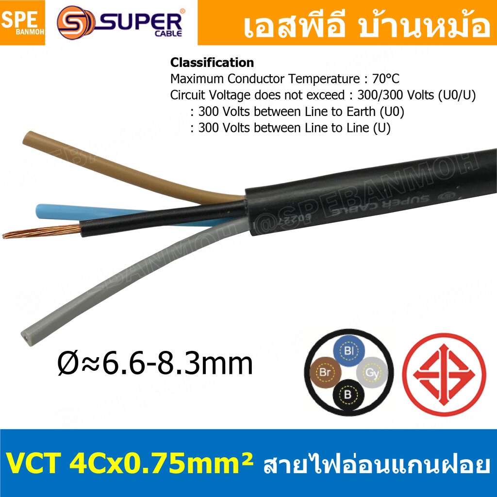 [ 2 เมตร ] VCT-4x0.75 สาย VCT 4C X 0.75 sq.mm สายอ่อน 4 คอร์ Size 0.75 sq.mm VCT AC Power Cable ...