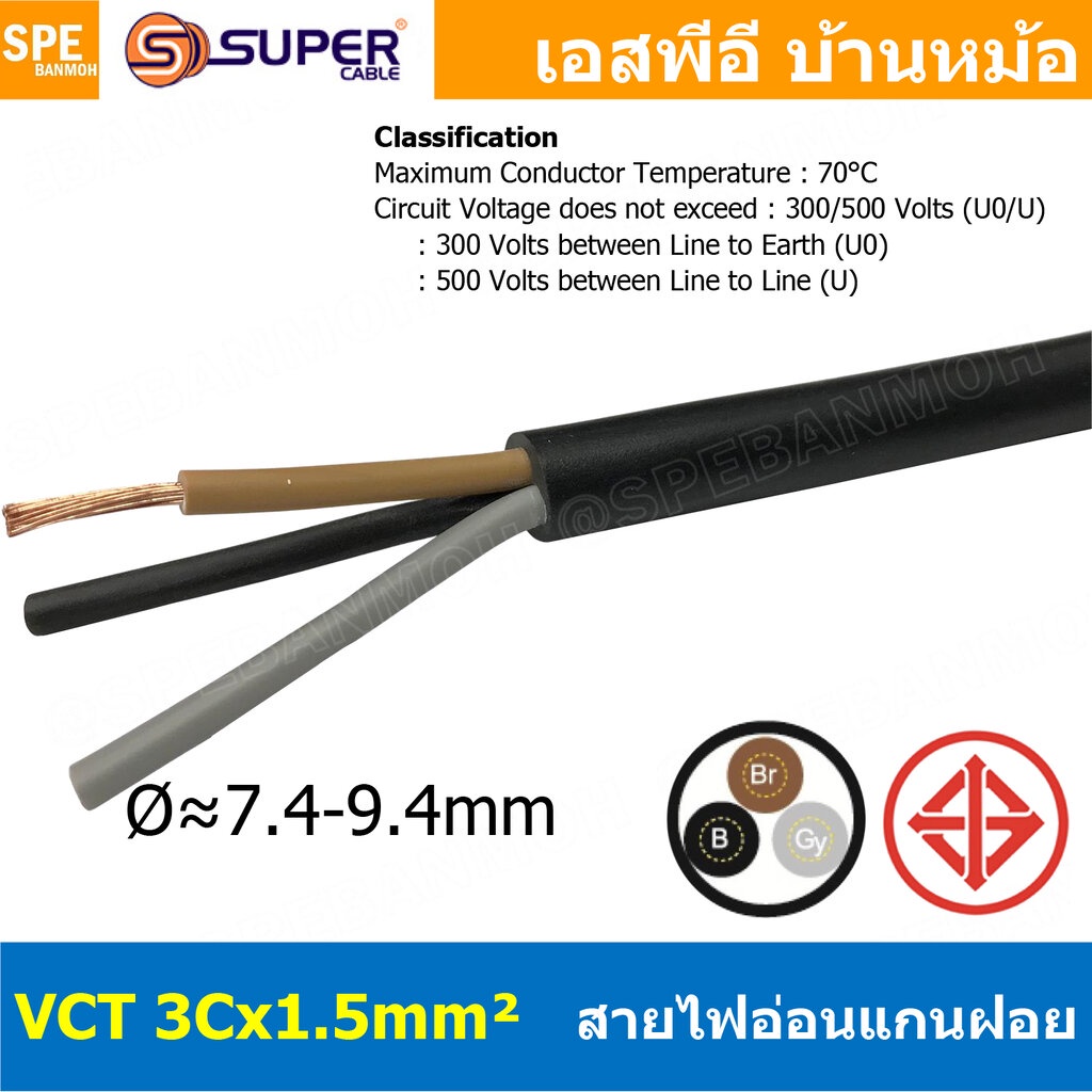 [ 2 เมตร ] VCT-3x1.5 สาย VCT 3C X 1.5 sq.mm สายอ่อน 3 คอร์ Size 1.5 sq.mm VCT AC Power Cable ...