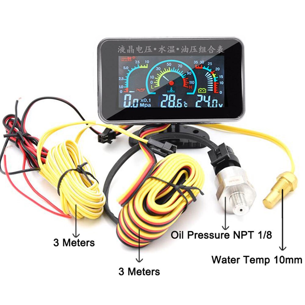 3 In 1 LCD Car Digital Oil Pressure gauge โวลต์มิเตอร์ Water Temp meter ...