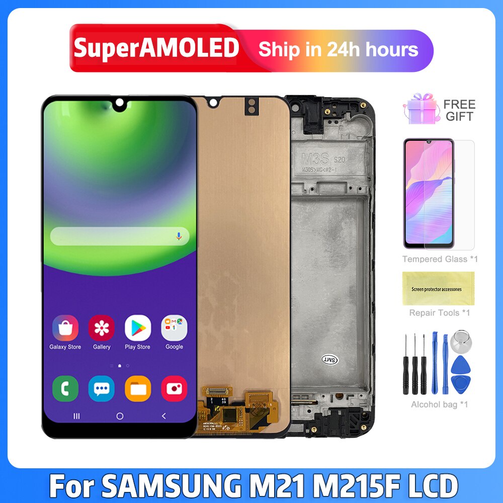 หน้าจอแสดงผล AMOLED M215 อะไหล่ประกอบหน้าจอสัมผัสดิจิทัล Lcd สําหรับ Samsung Galaxy M21 M215 ...