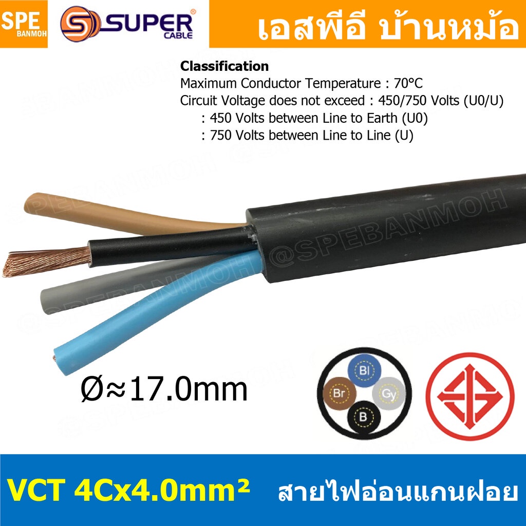 [ 1 เมตร ] VCT-4x4.0 สาย VCT 4C X 4.0 sq.mm สายอ่อน 4 คอร์ Size 4.0 sq.mm VCT AC Power Cable ...