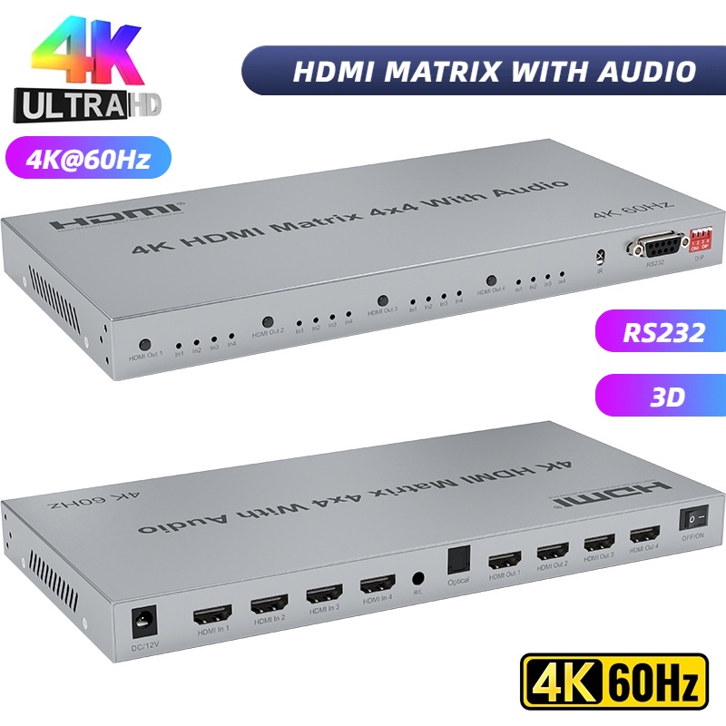 เมทริกซ์ HDMI 4x4 พร้อมตัวดึงเสียง 4K@60Hz HDR 18Gbps HDMI 2.0 ตัวแยก ...