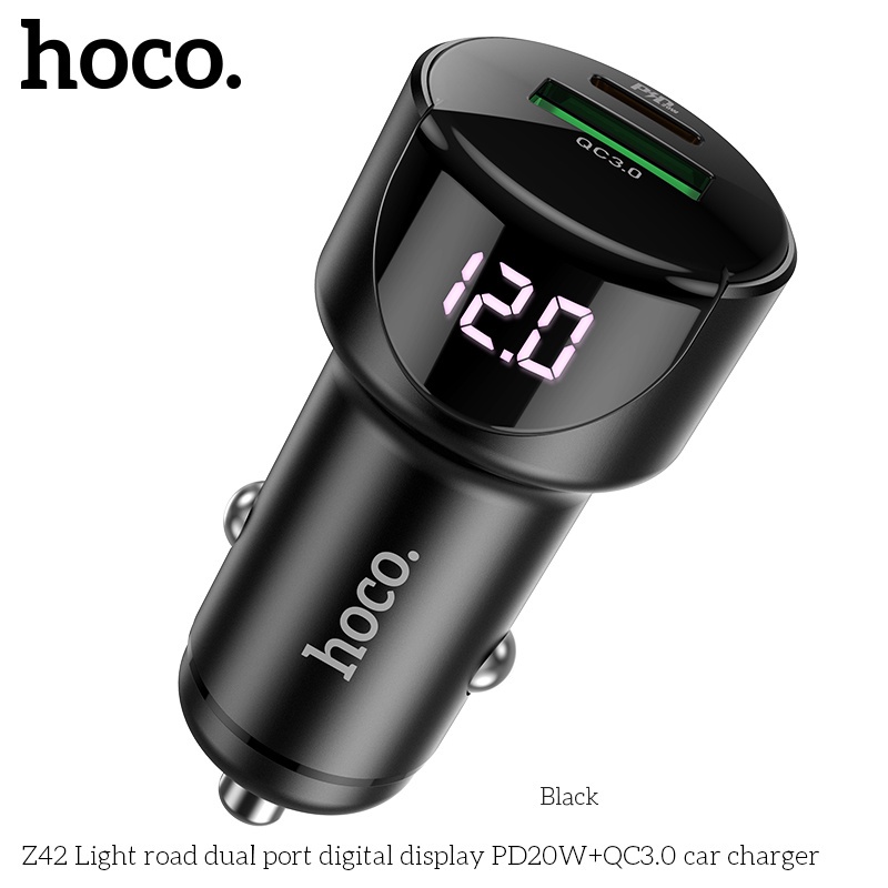 HOCO Z42 หัวชาร์จในรถ 2 พอร์ต มีจอLED รองรับชาร์จไว QC3.0 18W / Type-C ...