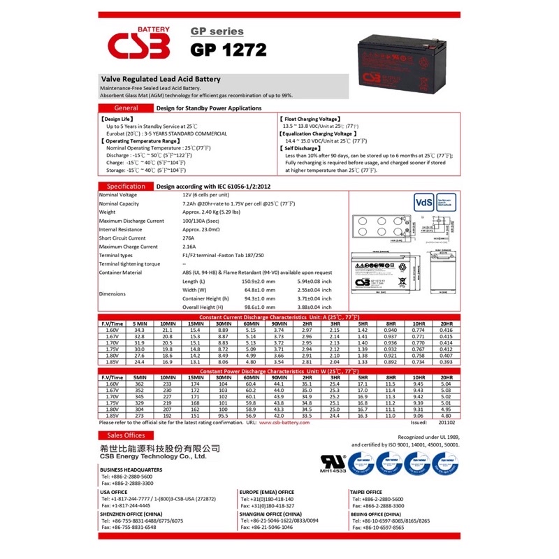 แบตเตอรรี่ CSB Battery รุ่น GP 1272 F2 *12v7.2ah* เหมาะสมสำหรับเครื่อง ...
