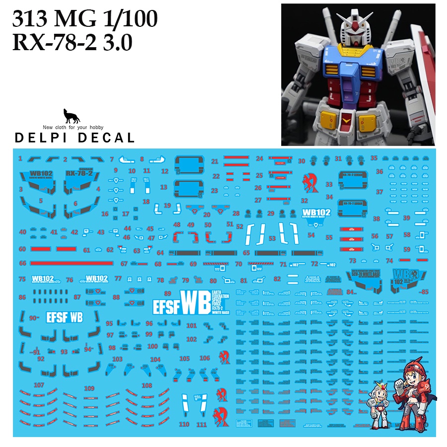 ดีคอลน้ำ [DELPI] 313 MG 1/100 RX-78-2 3.0 Water Decal 313N 313H ...