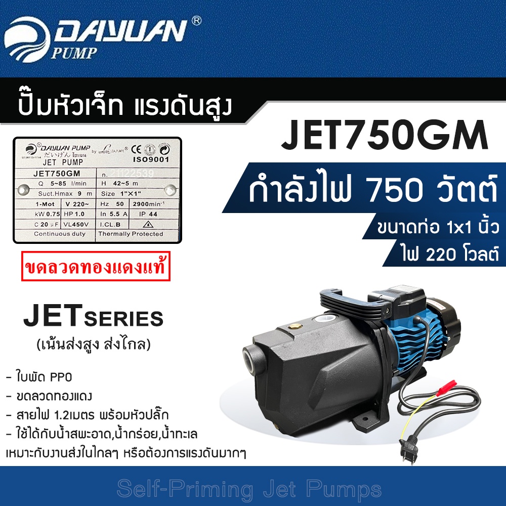 ปั๊มน้ำ DAYUAN ปั๊มเจ็ท JET750GM (เน้นส่งสูง ส่งไกล) ท่อ1นิ้ว 750W 220V ...