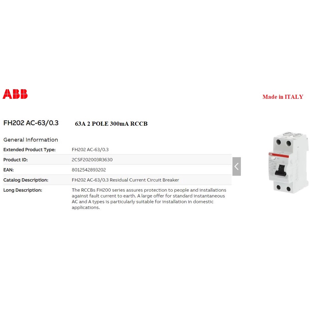 Abb FH202 40A 63A 2P 300mA ELCB RCCB ผลิตในอิตาลี | Shopee Thailand