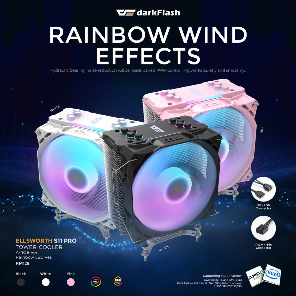 Aigo DarkFlash ELLSWORTH S11 PRO CPU AIR COOLER(ARGB / RGB COMPATIBLE ...