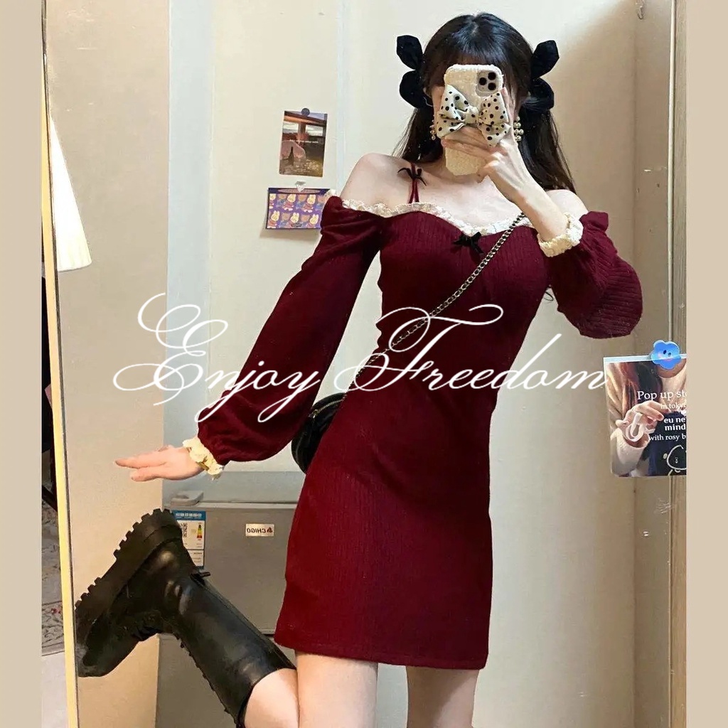 Enjoy Freedom หนึ่งไหล่ถักชุดกระโปรง bottoming ผู้หญิงใหม่กระโปรงสะโพก ...