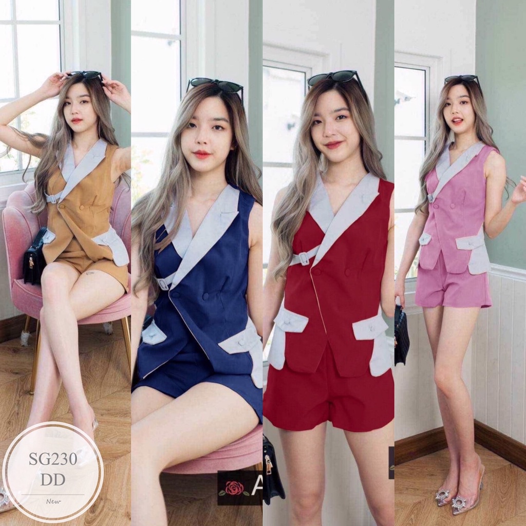 SG230 Set 2 ชิ้น เสื้อแขนกุดคอปก แต่งสายคาดอกเข็มขัดปั้ม มาพร้อมกางเกง ...
