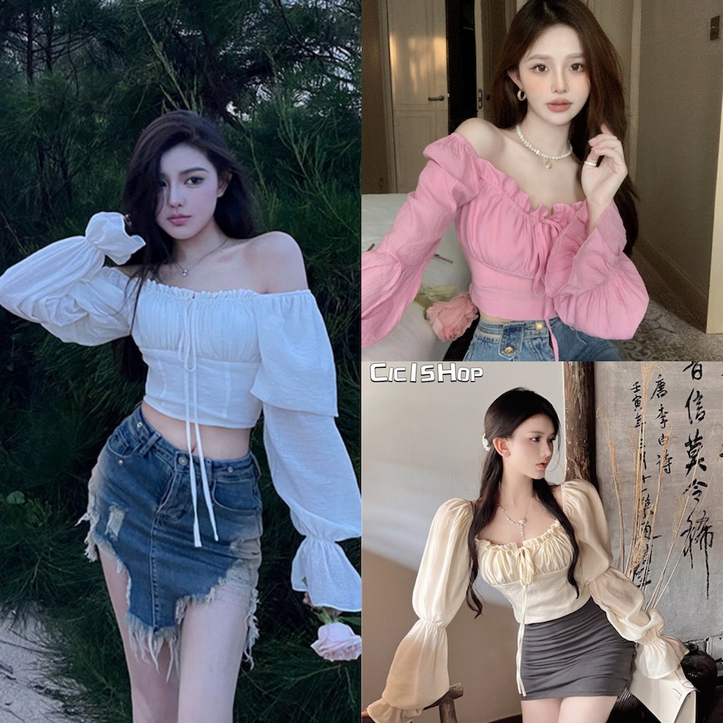 Cicishop(X0492)CropTop เสื้อครอปปาดไหล่แขนพอง ดีเทลผูกโบว์คิ้วท์ๆ สไตล์สายเกา | Shopee Thailand