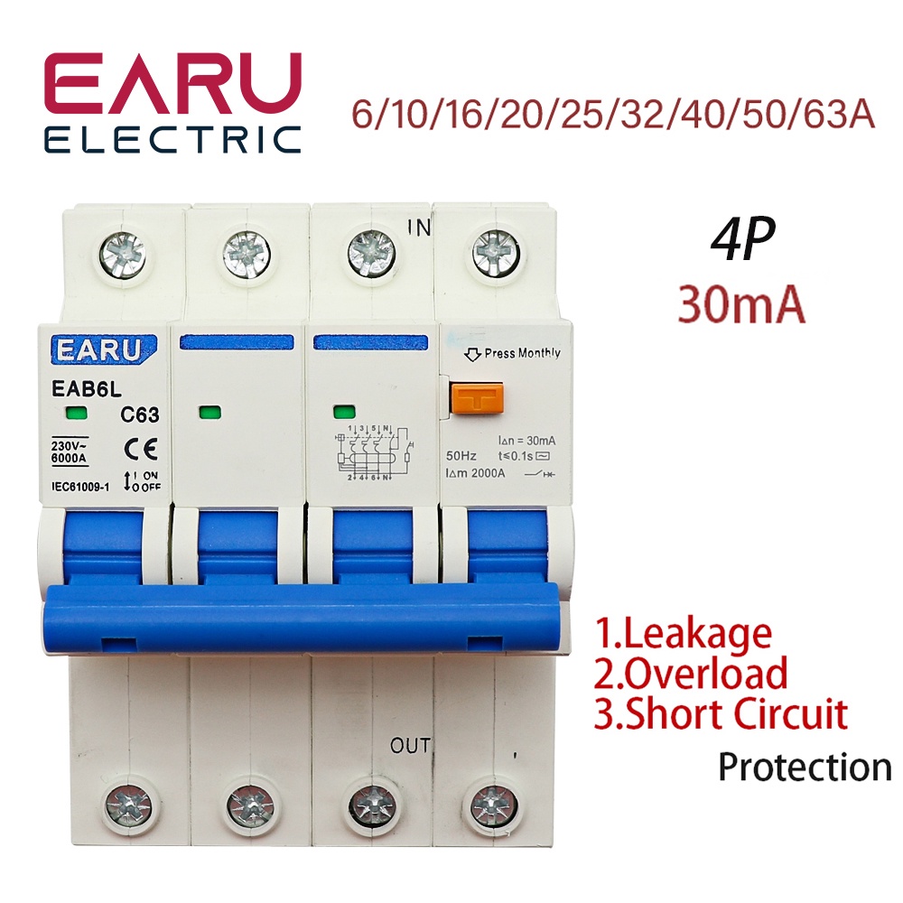 AC230V MCB Leakage Protector RCBO Overload Short Circuit Protection 4P 30mA Residual Current ...