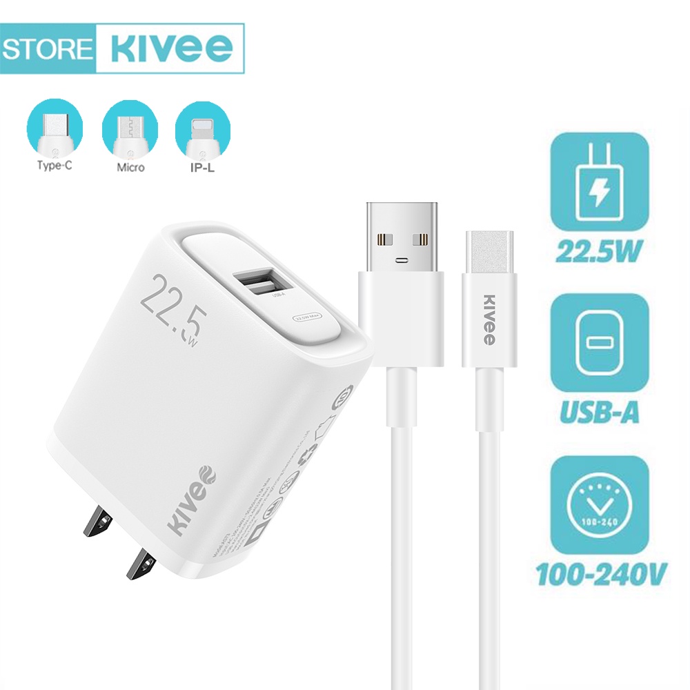 KIVEE ชุดชาร์จเร็ว 22.5W 18W QC3.0 หัวชาร์จเร็ว USB-A to type C/Micro ...