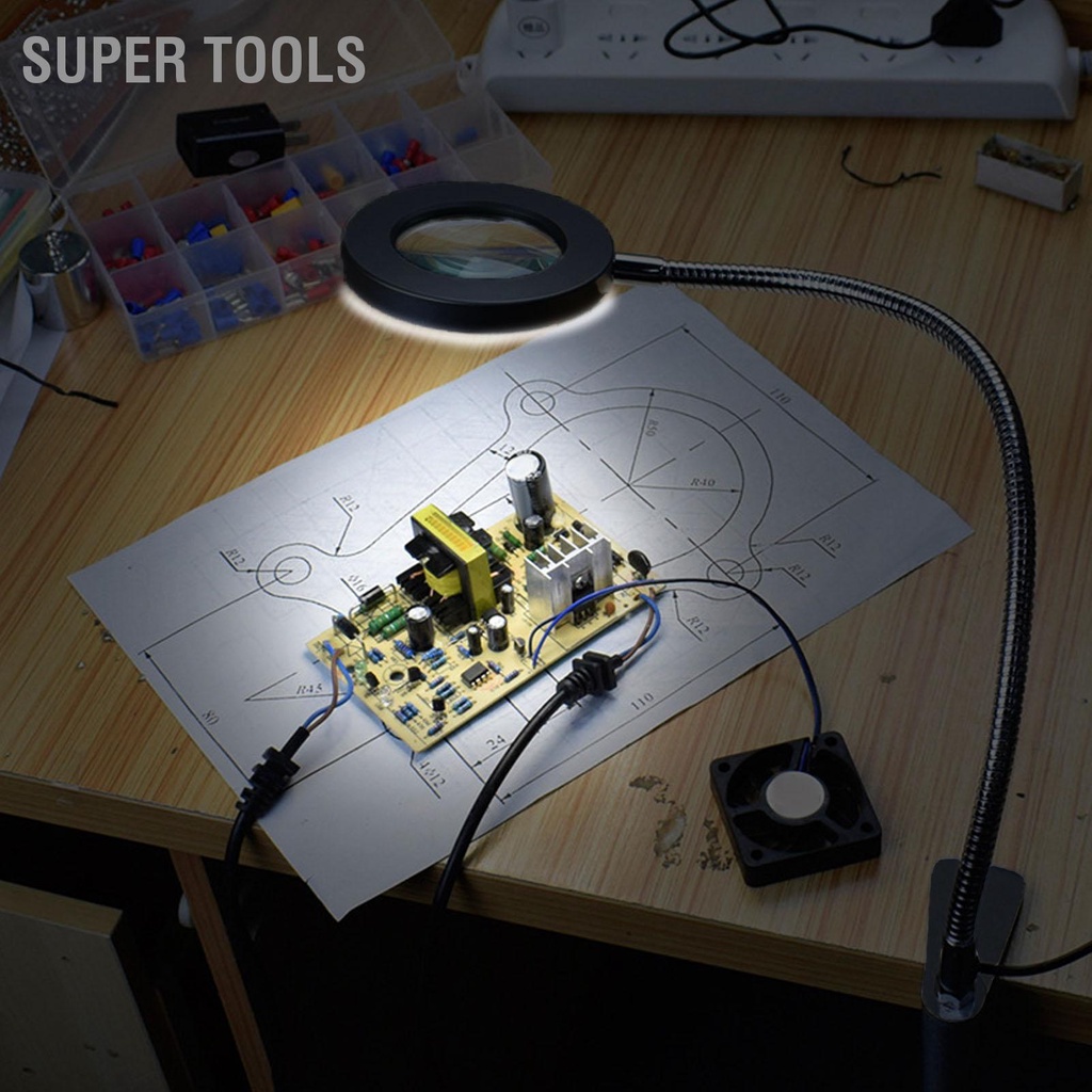 SUPER TOOLS Clamp Magnifying Lamp USB LED Lighted Glass 11 Levels ...