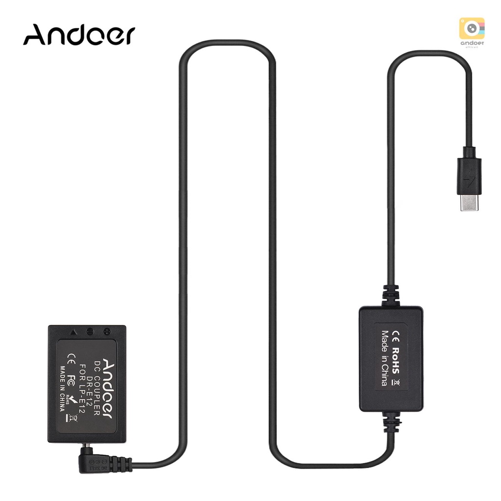 Andoer PD USB Type-C Cable to DR-E12 Dummy Battery DC Coupler LP-E12 Replacement for EOS M2 M10 ...