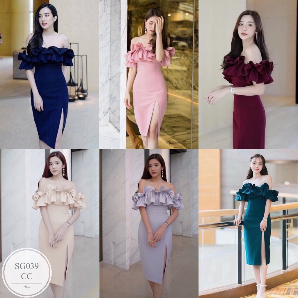 SS039 เดรสคลุมเข่าปาดไหล่แต่งระบายอก ชายกระโปรงผ่าด้านหน้าเล็กน้อย | Shopee Thailand