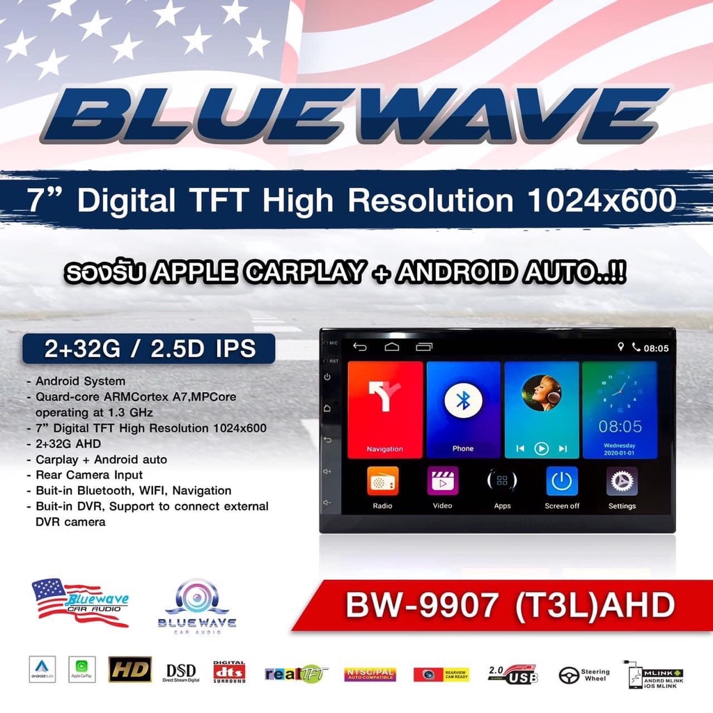 จอแอนดรอยด์รถยนต์ เครื่องเล่นวิทยุรถยนต์ RAM 2GB/ROM 32GB Bluewave ...