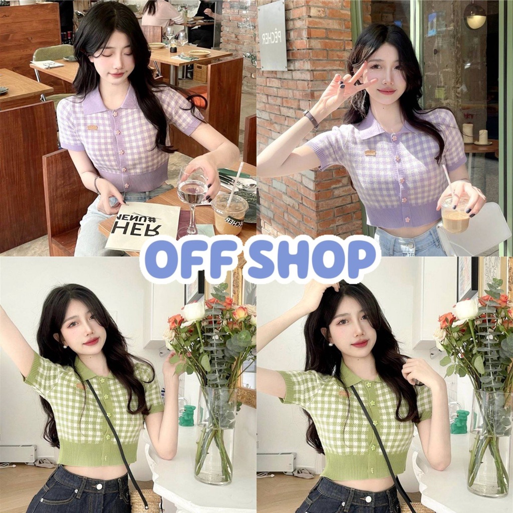 OFF SHOP พร้อมส่ง (OFF-58065) เสื้อไหมพรมแขนสั้นคอปก ลายตารางสีน่ารัก ...
