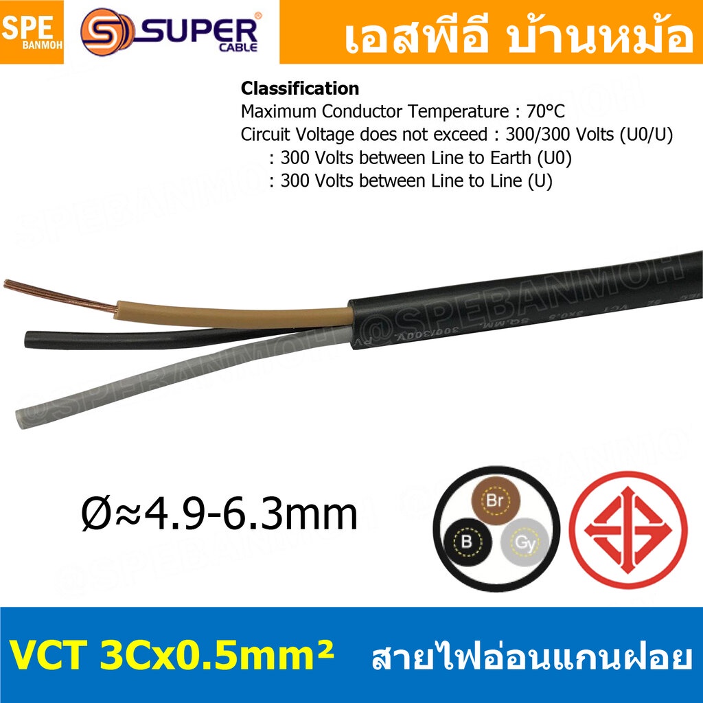 [ 3 เมตร ] VCT-3x0.5 สาย VCT 3C X 0.5 sq.mm สายอ่อน 3 คอร์ Size 0.5 sq.mm VCT AC Power Cable ...