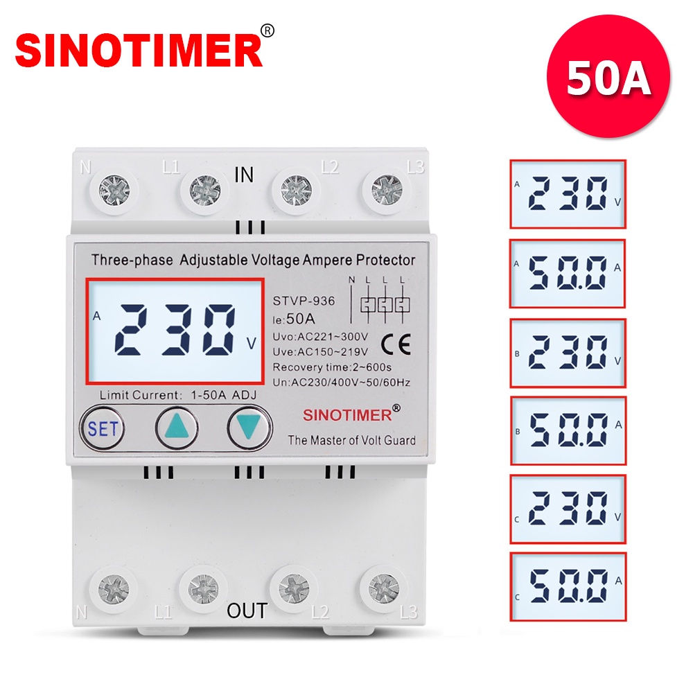 3 Phase AC 380V 400V 50A Multifunctional Over Under Voltage and Over ...
