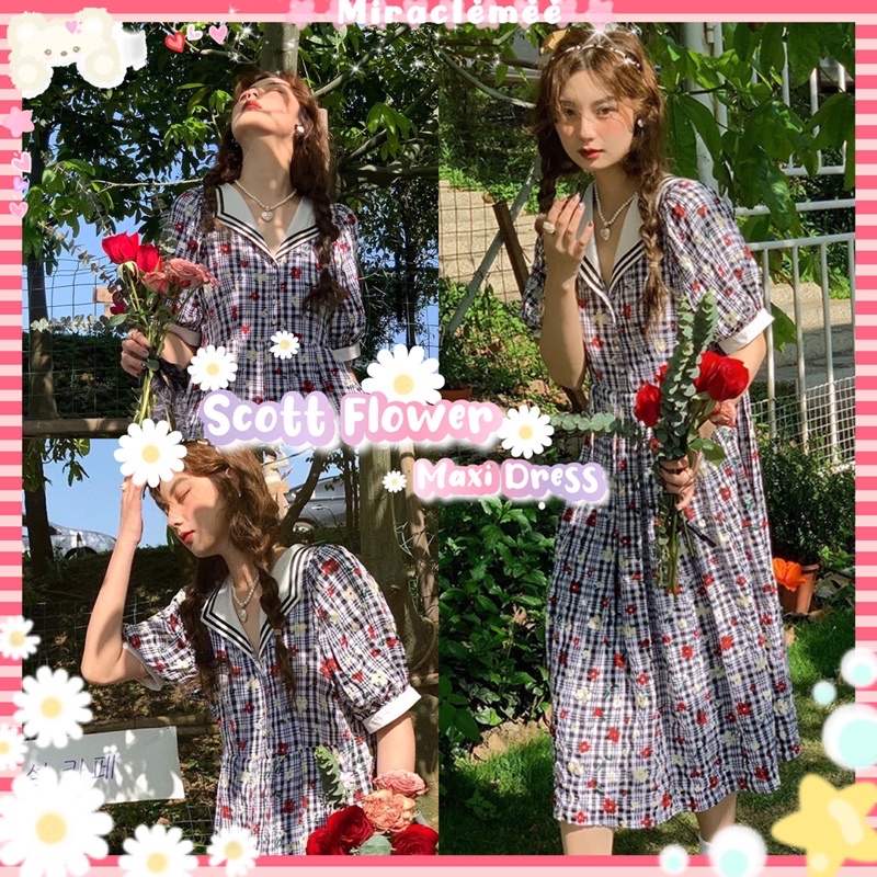 Scott Flower Maxi Dress เดรสลายสก็อต พิมพ์ลายดอกไม้ โทนสีดำ แต่งคอปก ...