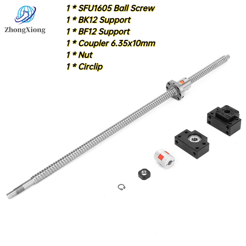 SFU1605 600mm Ball Screw with BK12 BF12 End Supports and 6.35x10mm ...