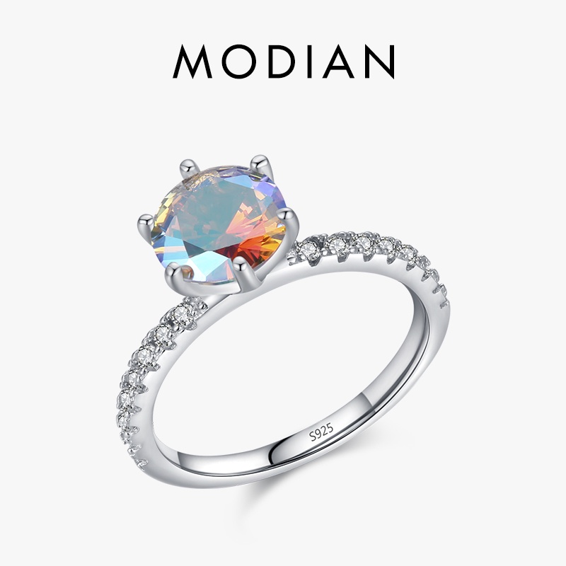 Modian ของแท้ 925 เงินสเตอร์ลิงประกายรอบแหวนเพทายสําหรับผู้หญิงที่มีสีสัน Band แหวนเครื่องประดับ ...
