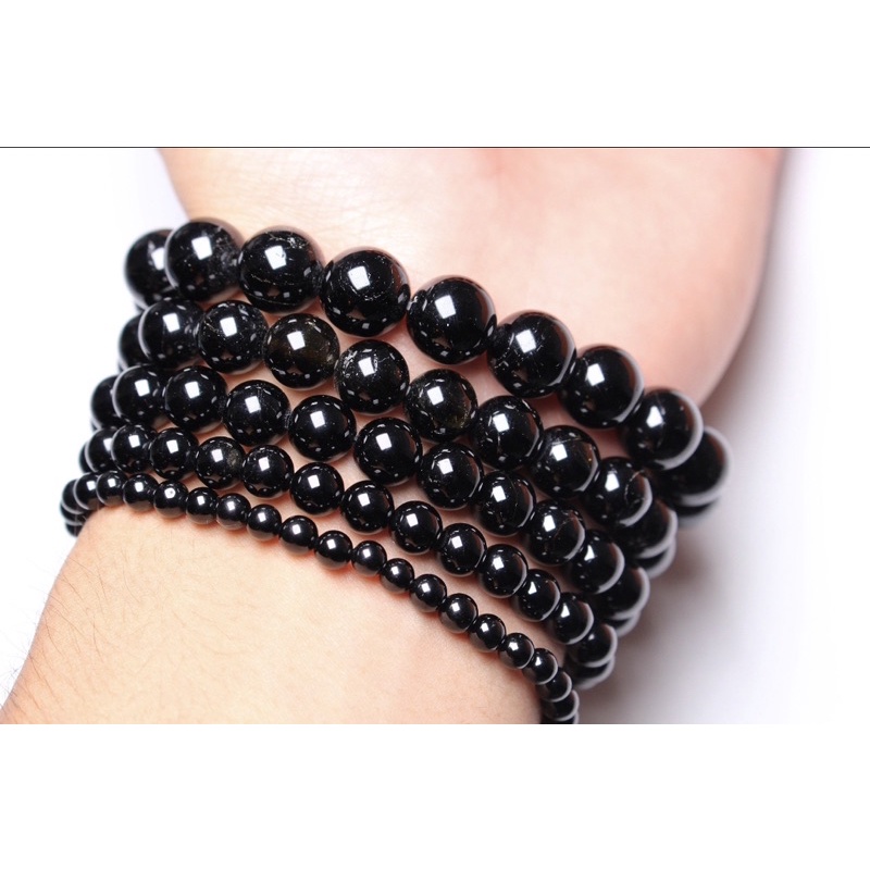 Natural Black Tourmaline Bead Bracelet, Genuine Round Beaded Healing ...